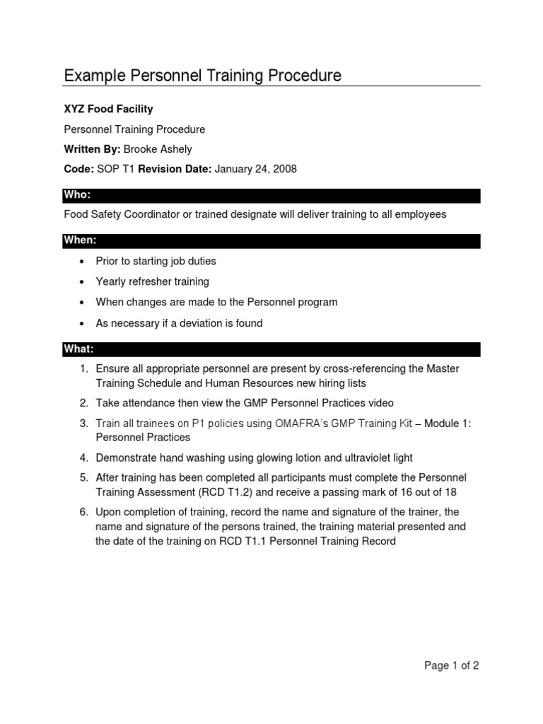 Example Personnel Training Procedure: XYZ Food Facility | PDF