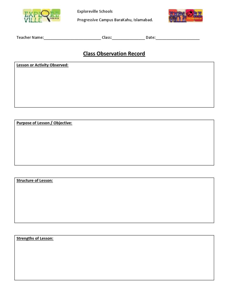 Class Observation Record: Lesson or Activity Observed | PDF
