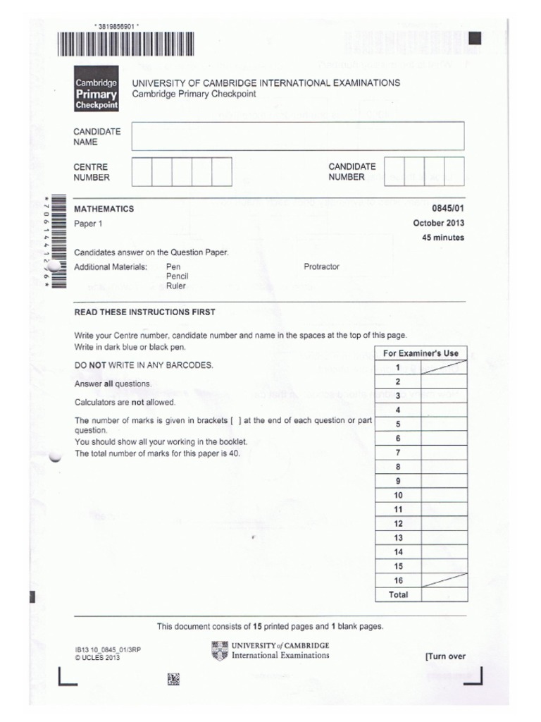 Primary Checkpoint - Math (0845) October 2013 Paper 1 PDF | PDF