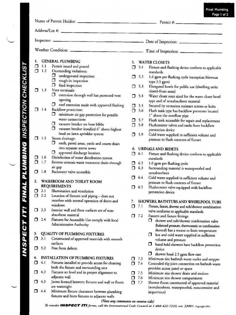 Final Plumbing Inspector Checklist PDF | PDF