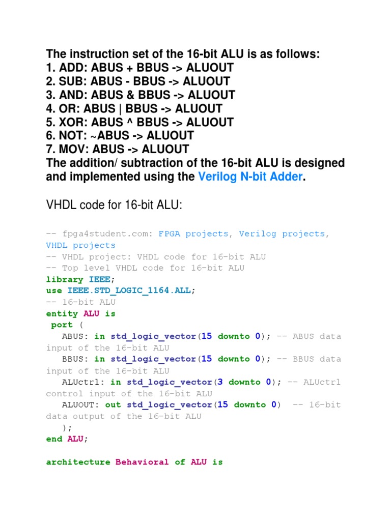 VHDL Code For 16-Bit ALU:: Verilog N-Bit Adder | PDF | Vhdl | Computer Programming
