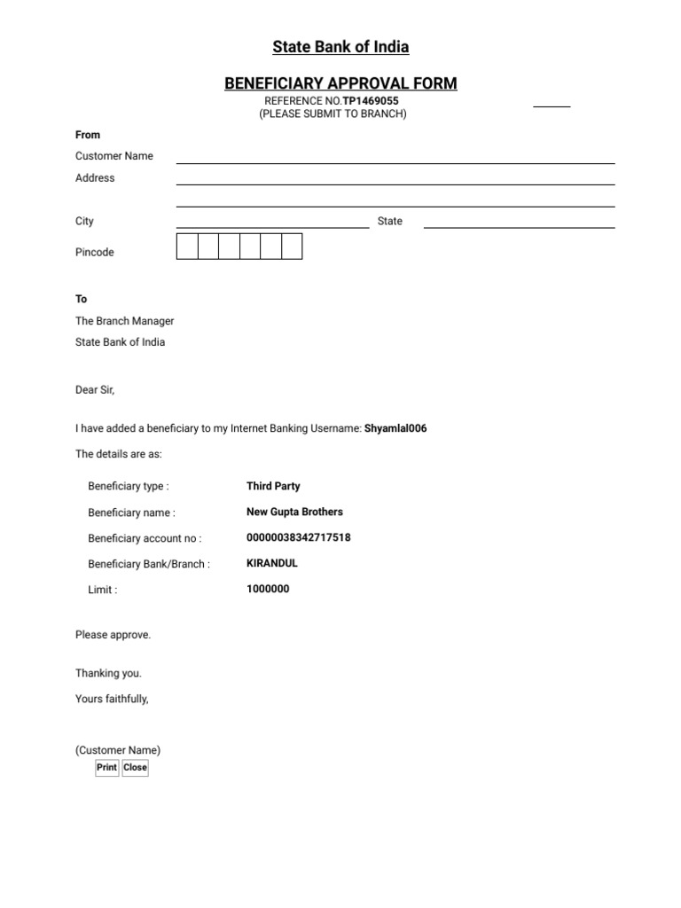State Bank of India Beneficiary Approval Form: Print Close | PDF