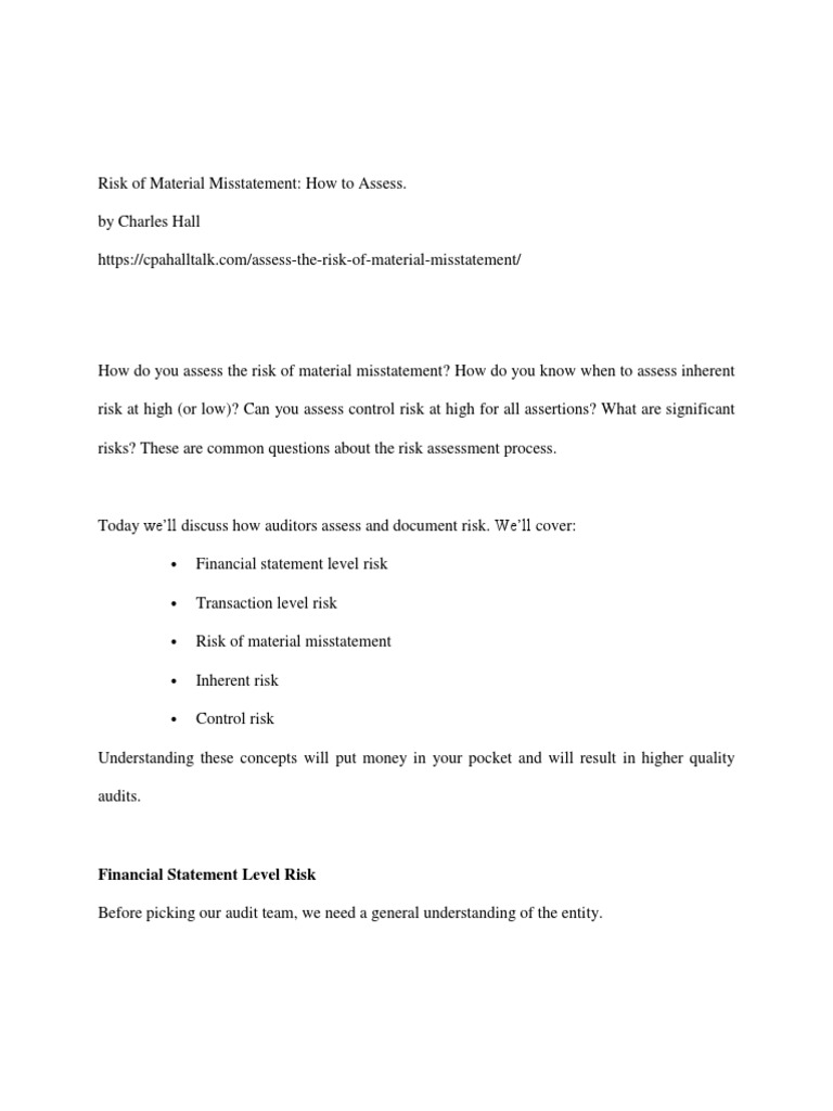 Risk of Material Misstatement - How To Assess | PDF | Risk | Risk ...
