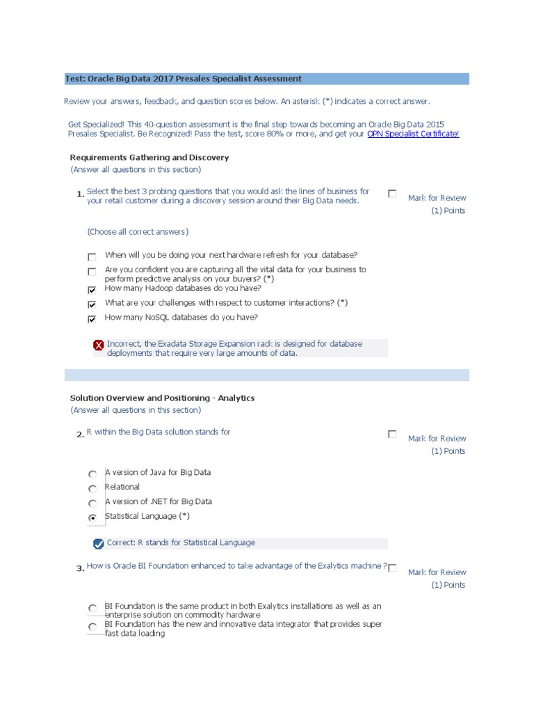 Test Oracle Big Data 2017 Presales Specialist Assessment Requirements Gathering And Discovery