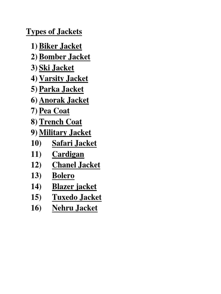 Comprehensive Guide to Jacket Types | PDF | Coat (Clothing) | Suit ...