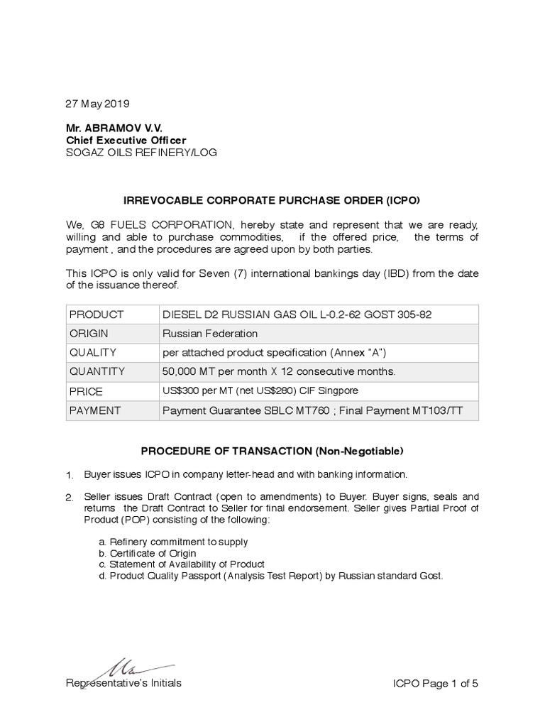 ICPO for Diesel D2 Purchase Agreement | PDF | Invoice | Business