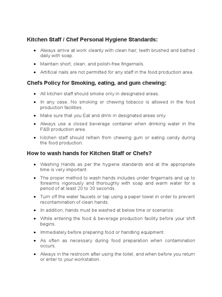 Kitchen Staff Personal Hygiene | PDF | Hygiene | Hand Washing