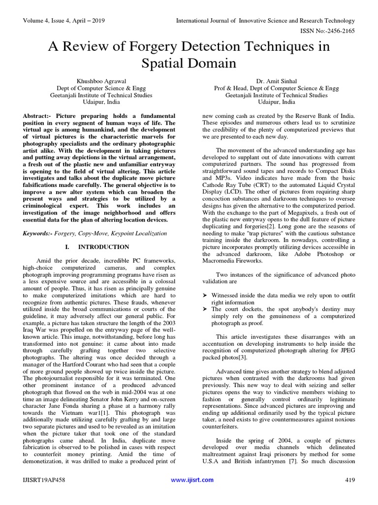 A Review Of Forgery Detection Techniques In Spatial Domain Pdf Imaging Signal Processing
