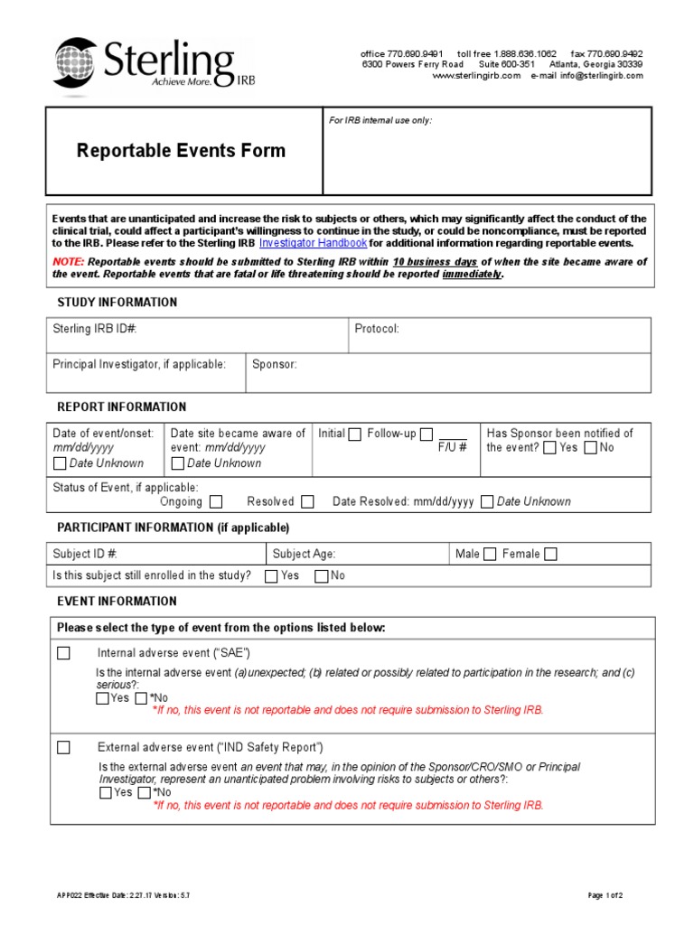 Reportable Events Form: Study Information | PDF | Institutional Review ...