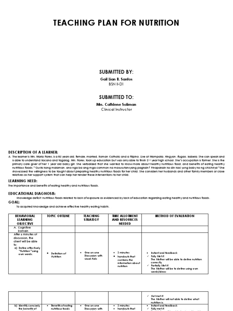 Teaching Plan For Nutrition: Submitted by | PDF | Nutrition | Diet ...