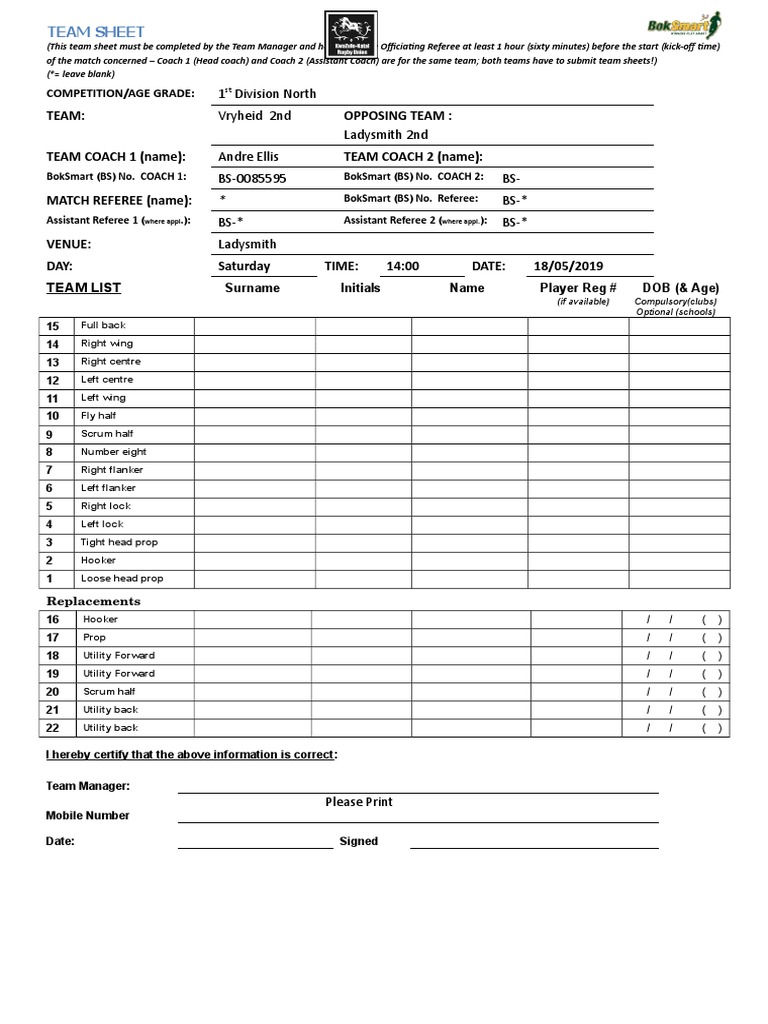 Rugby Team Sheet Template | PDF | Team Sports | Competitive Games