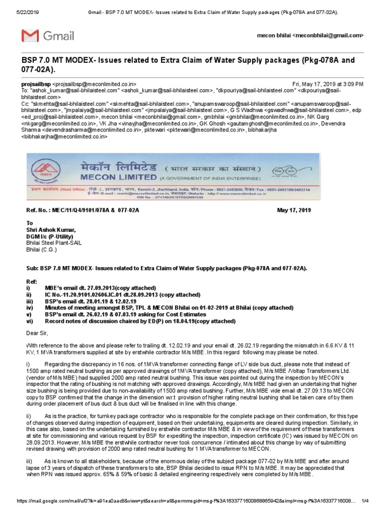 MECON's Mail DTD 17.05.2019 No Commercial Implication | PDF | Engineering