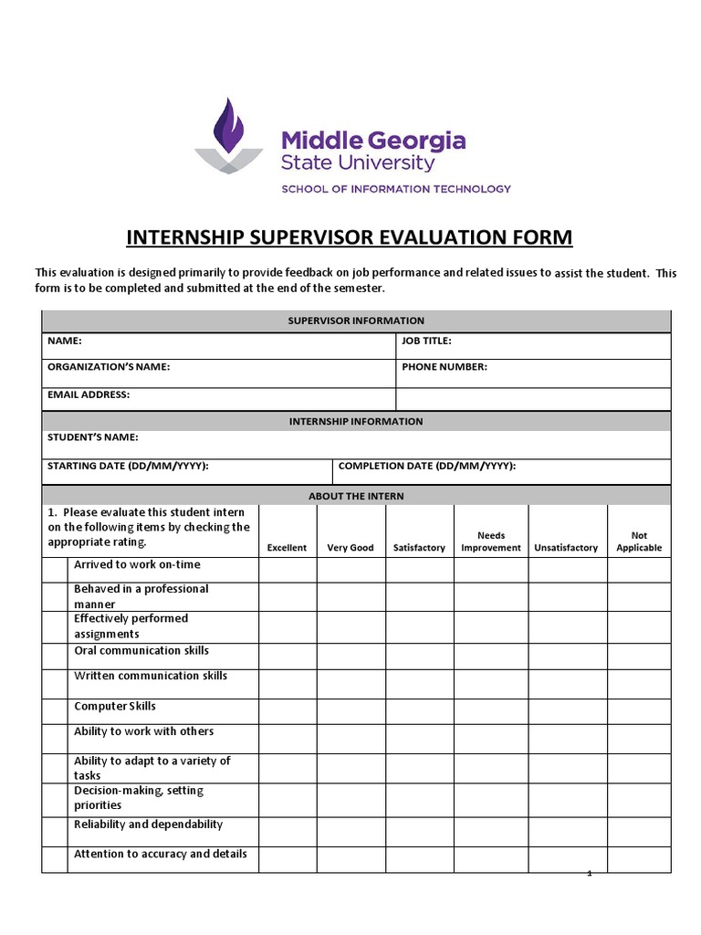 Internship Supervisor Evaluation Form | PDF | Internship | Job Hunting