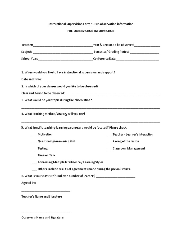Instructional Supervision Form 1 | PDF
