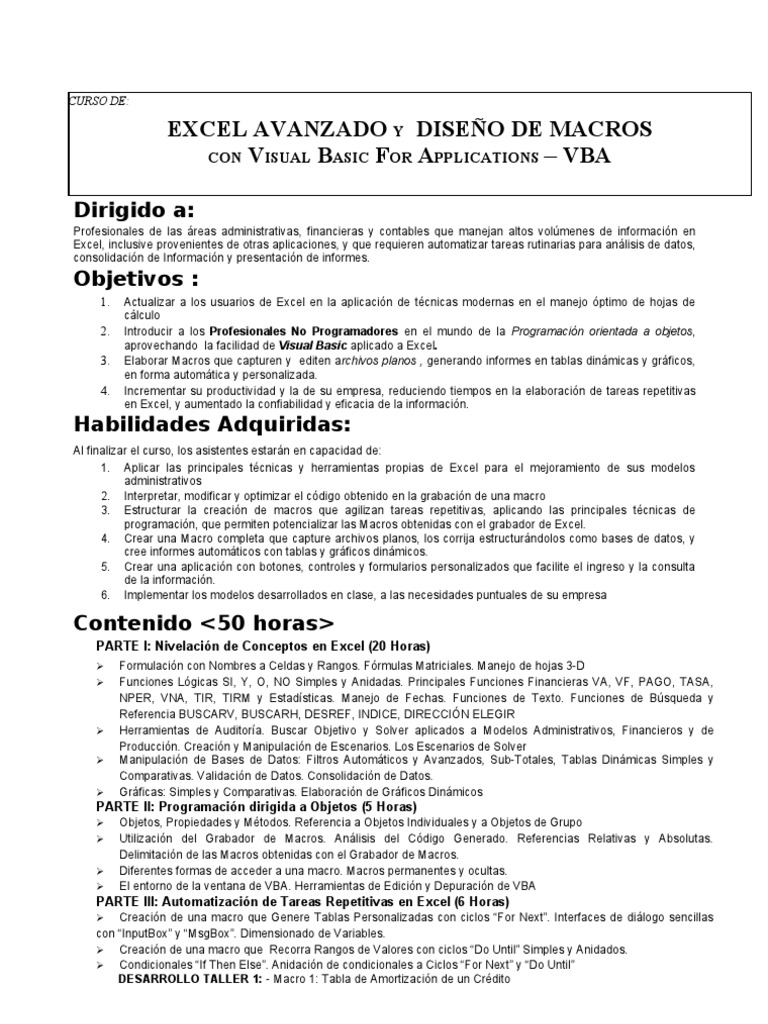 Excel Avanzado Con Elaboracion de Macros y VBA 50H | PDF | Macro (informática) | Microsoft Excel
