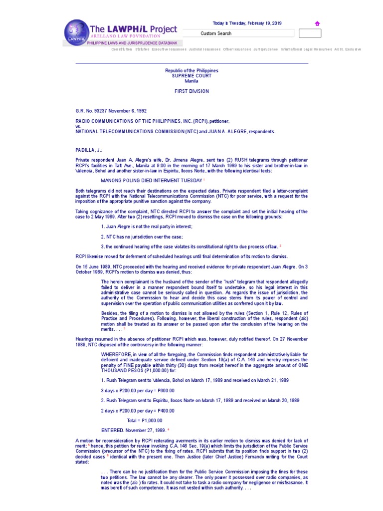 RCPI vs. NTC: Telegram Service Dispute | PDF | Jurisdiction | Complaint