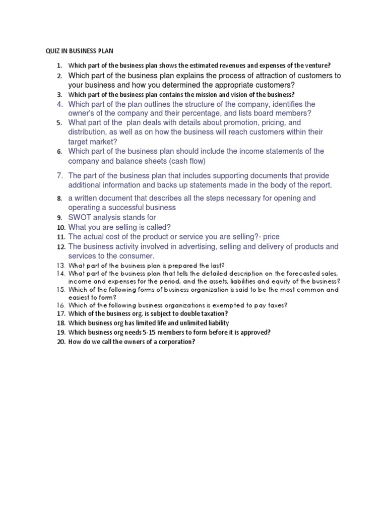 Business Plan Quiz and Answers | PDF