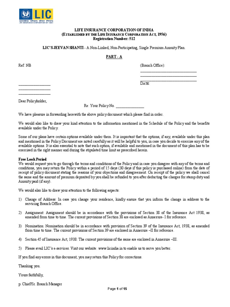 Policy Document LIC S Jeevan Shanti | PDF | Annuity (European) | Life ...