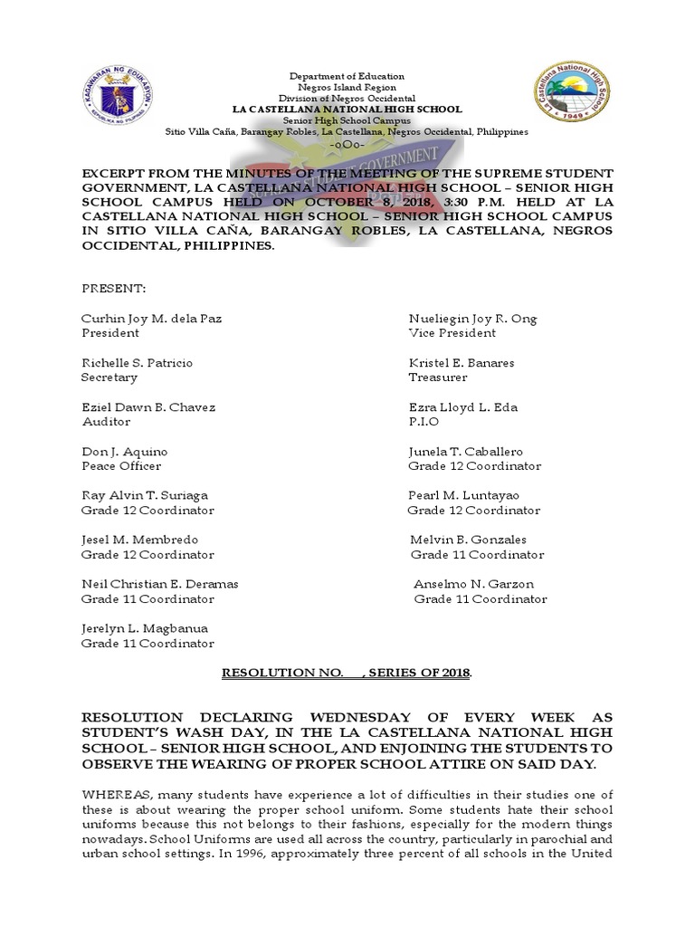 SSG Resolution Declaring Wednesday As Student Wash Day | PDF | Clothing ...