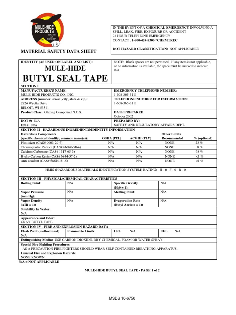 Mule-Hide Butyl Seal Tape MSDS | PDF | Hygiene | Chemistry