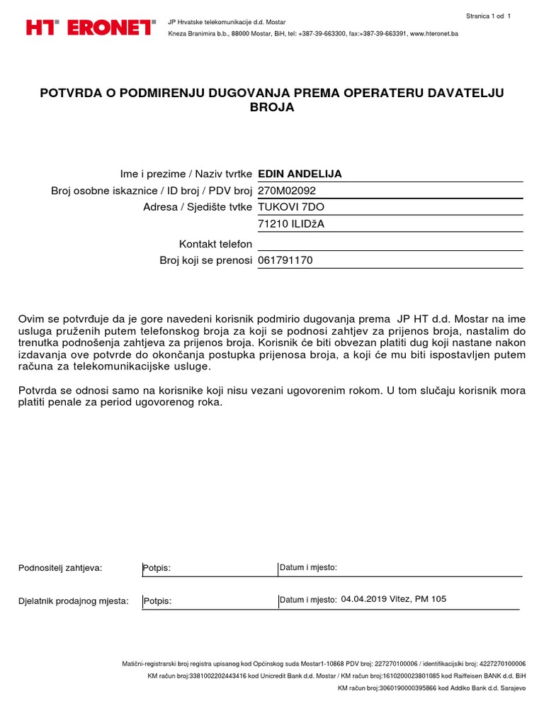 MNP Potvrda 001 | PDF