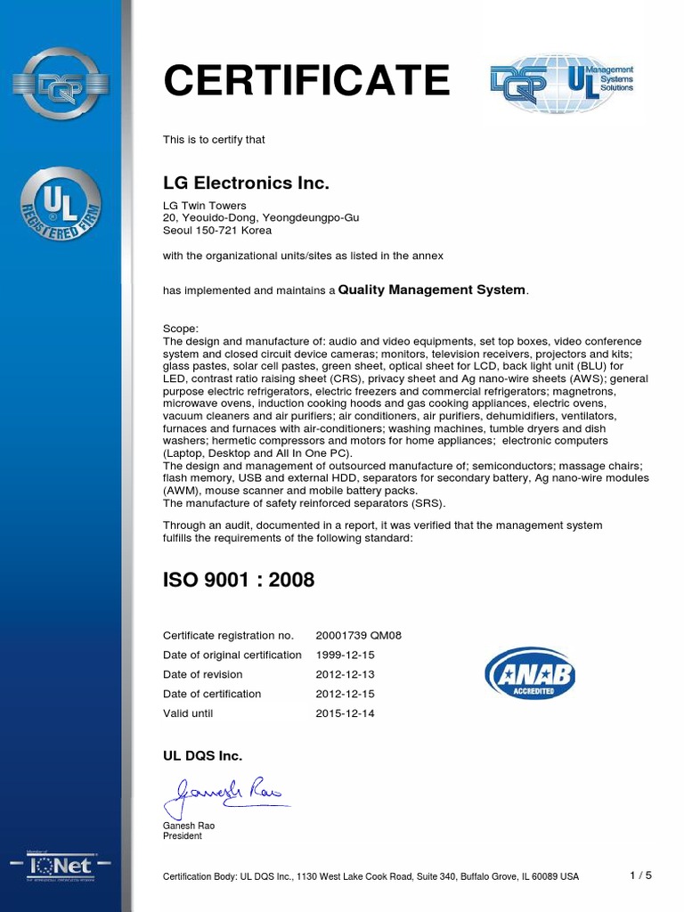 Certificate: LG Electronics Inc | PDF | Home Appliance | Refrigerator