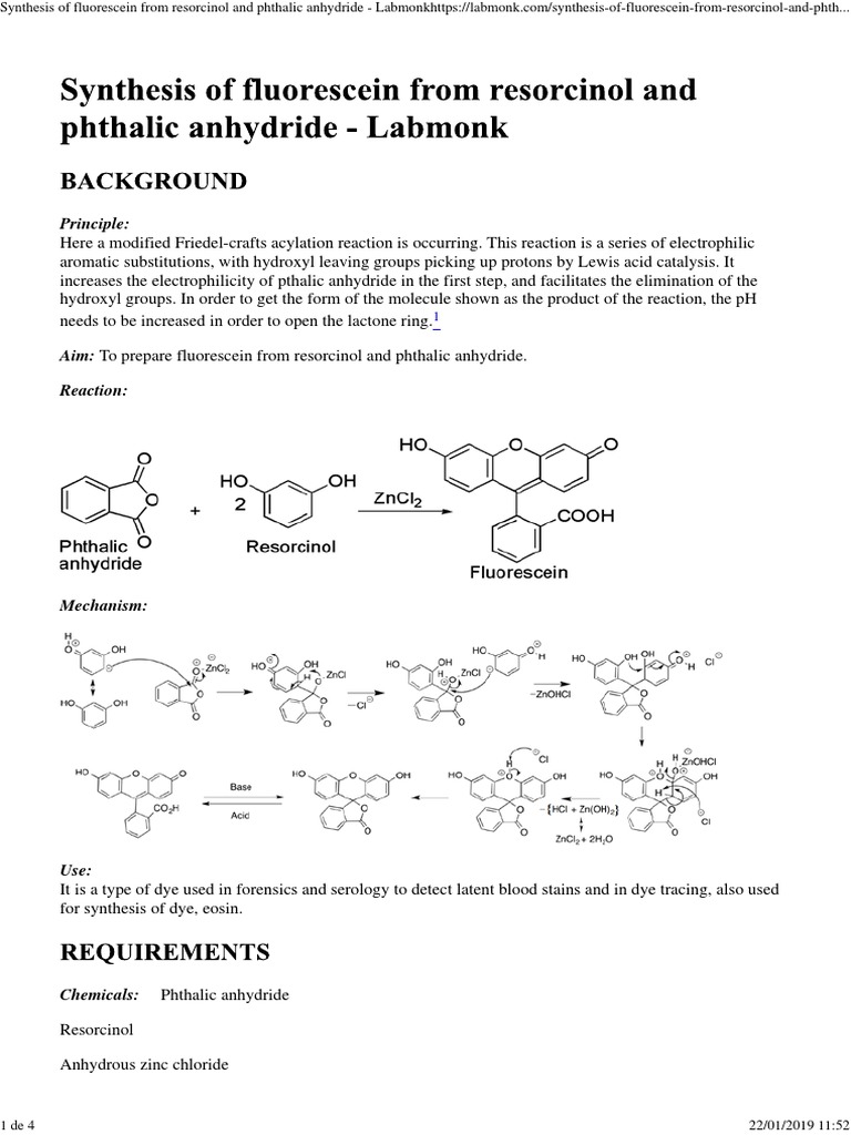 Synthesis Of Fluorescein From Resorcinol And Phthalic Anhydride