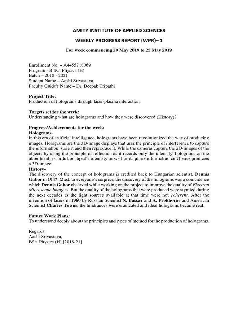 Amity Institute of Applied Sciences Weekly Progress Report (WPR) - 1 | PDF | Computers