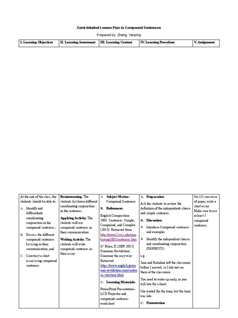 Lesson Plan for Compound Sentences | PDF | Sentence (Linguistics ...