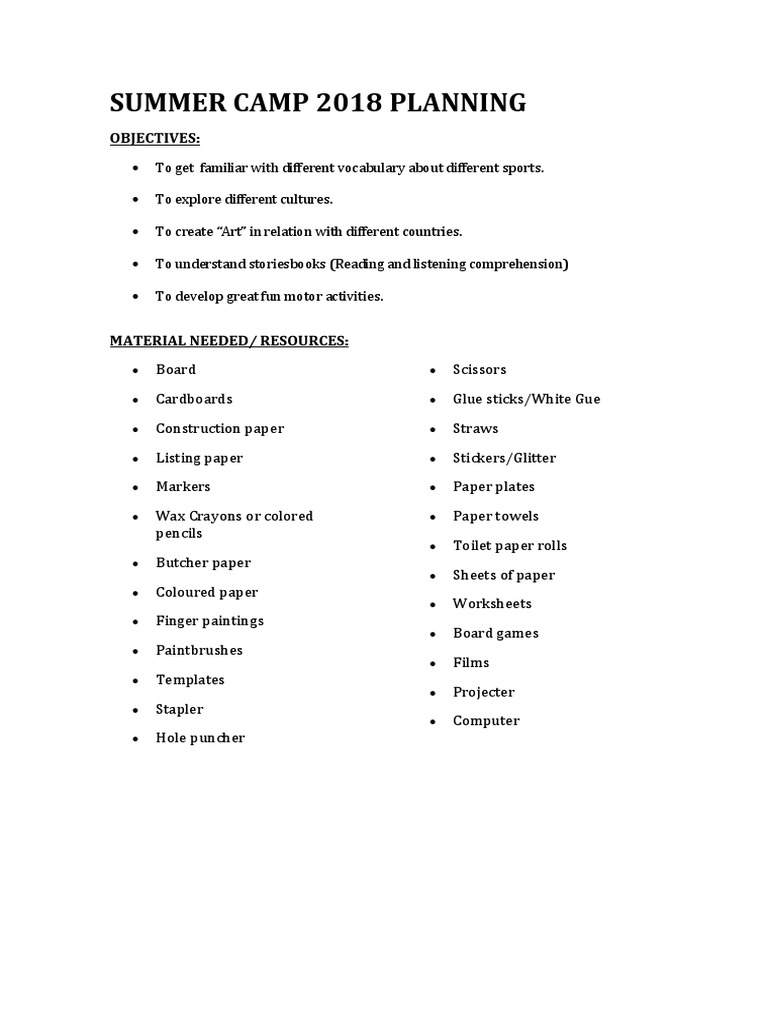 Summer Camp 2018 Activity Plan | PDF | Traffic Light | Calligraphy