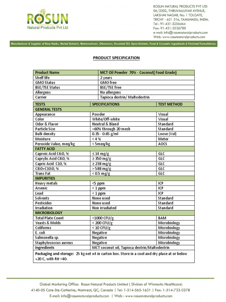 MCT Oil Powder Product Specification | PDF | Coconut Oil | Glucose