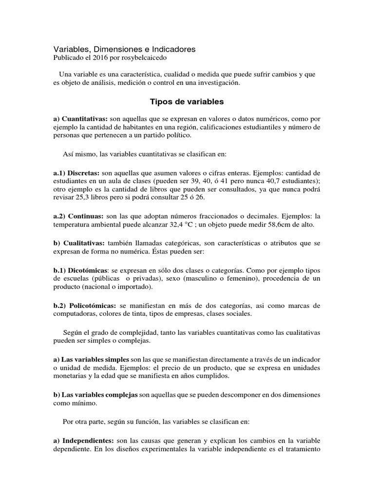Variables, Dimensiones e Indicadores | Descargar gratis PDF | Science | Enseñanza de matemática