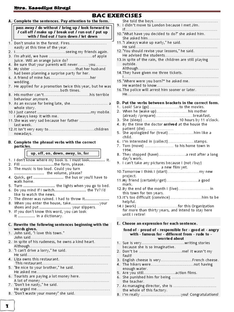 BAC Practice Exercises: Completing Sentences, Phrasal Verbs, Combining ...