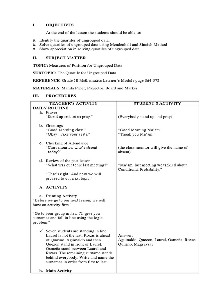 Demo Lesson Plan | Download Free PDF | Quartile | Median