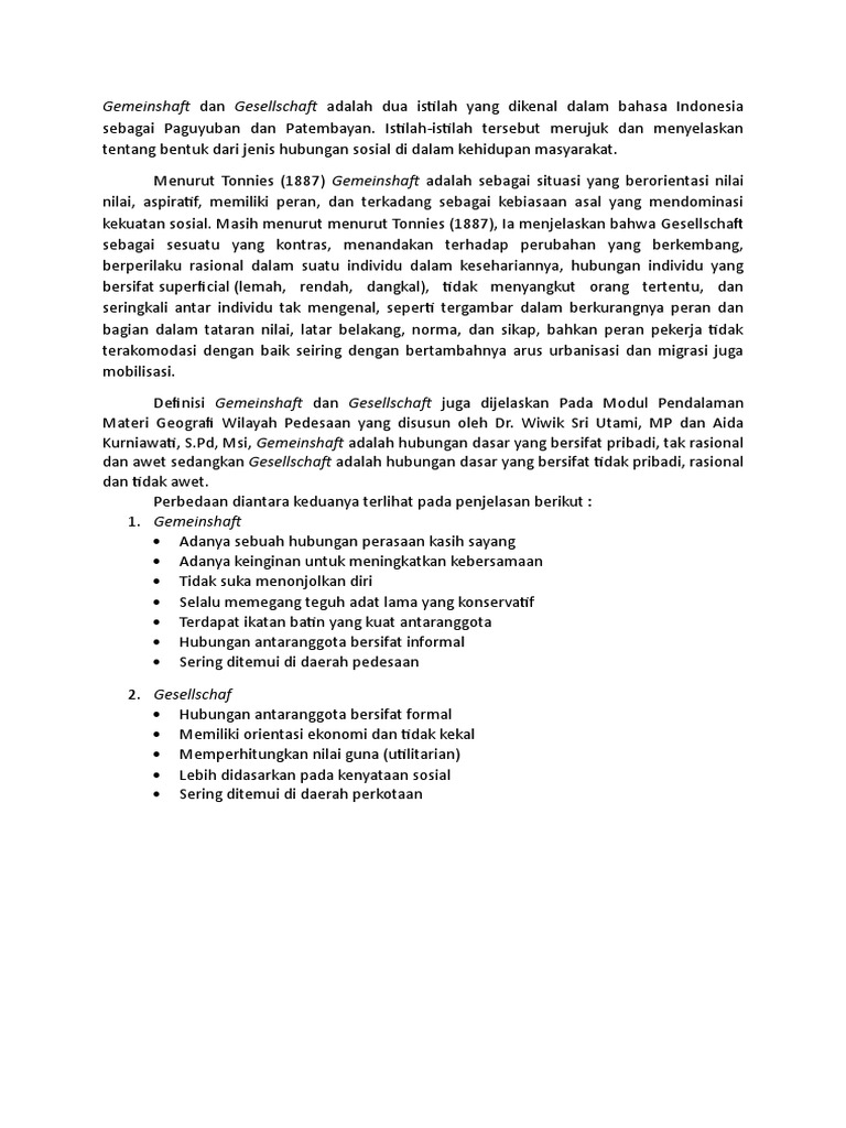 Gemeinshaft Dan Gesellschaft Adalah Dua Istilah Yang Dikenal Dalam ...