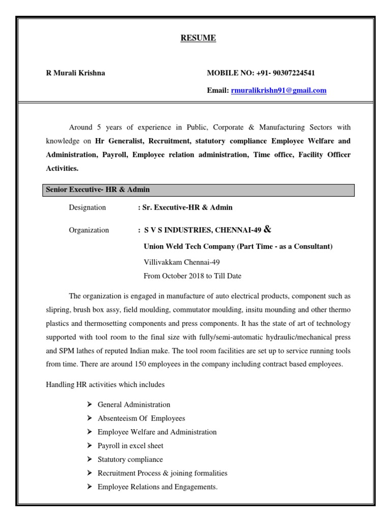 Murali Resume | PDF | Employment | Human Resource Management