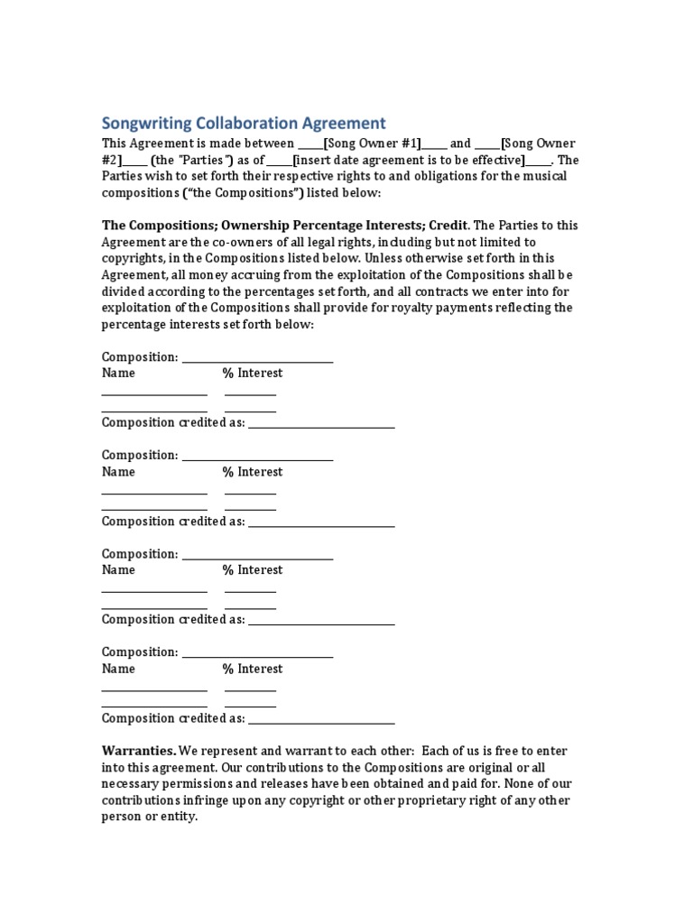 Songwriting Collaboration Agreement: The Compositions Ownership ...