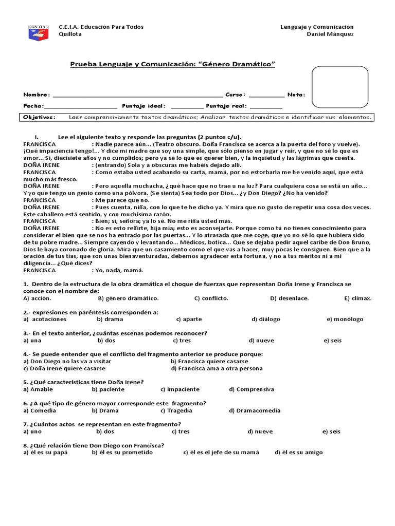 Prueba Género Dramático | PDF | Teatro | Comedia