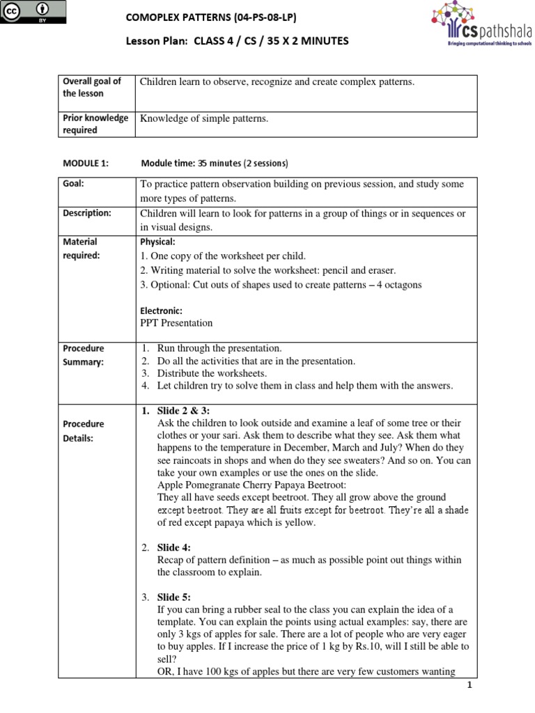 Lesson Plan: CLASS 4 / CS / 35 X 2 MINUTES: Overall Goal of The Lesson ...