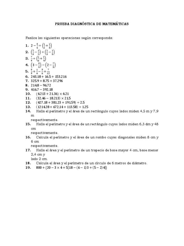 Prueba Diagnóstica de Matemáticas | PDF