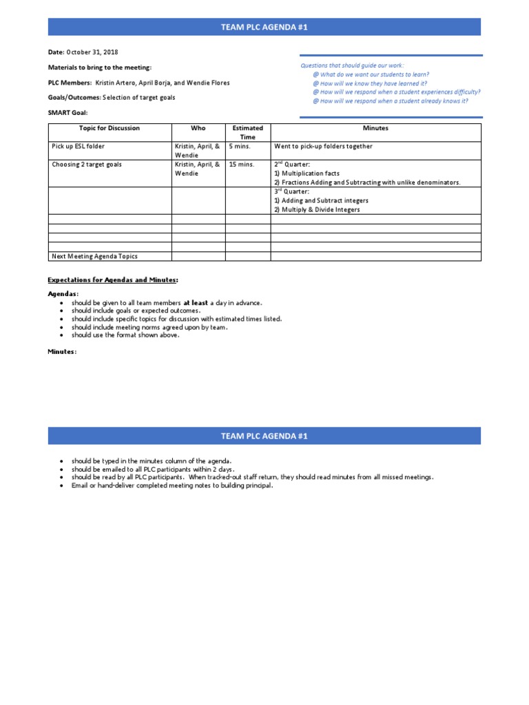 PLC Meeting Minutes-10-31-18 | PDF | Fraction (Mathematics ...