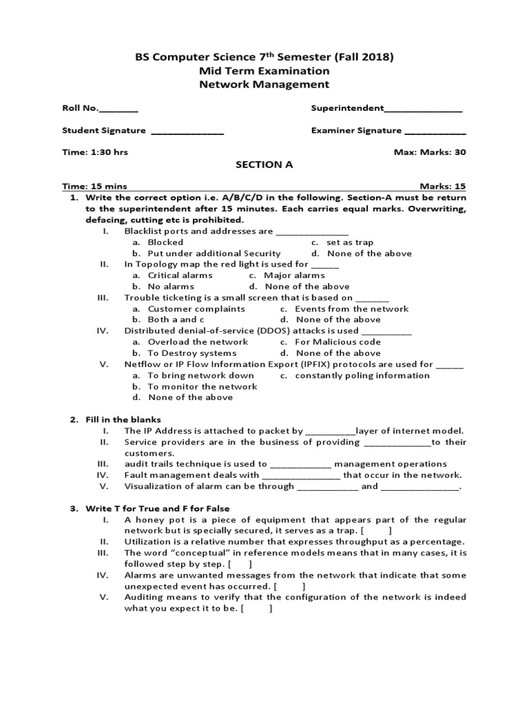 BS Computer Science 7 Semester (Fall 2018) Mid Term Examination Network ...
