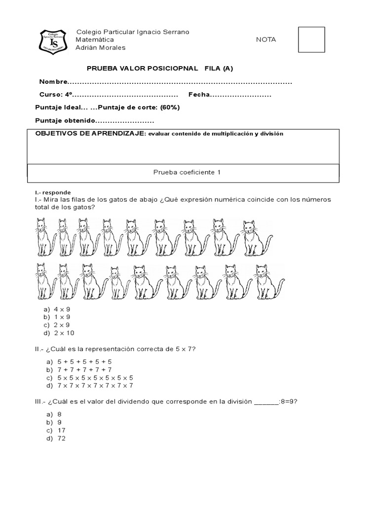 Resultados de la prueba de matemáticas sobre multiplicación y división ...