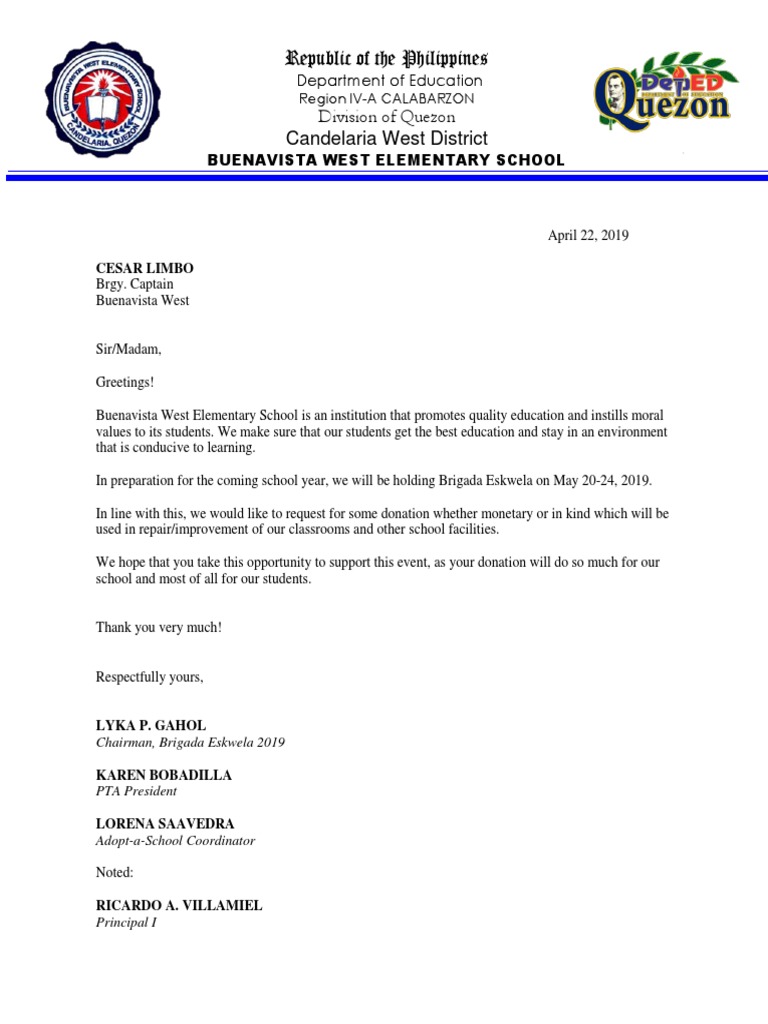 Brigada Eskwela Solicitation Letters | PDF | Domestic Policy ...