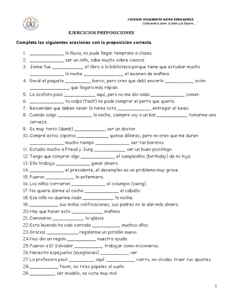 Ejercicios Preposiciones 7° | PDF | Ocio