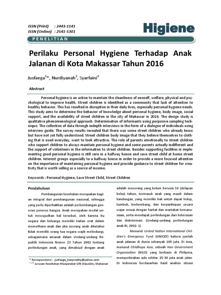 Perilaku Personal Hygiene Terhadap Anak Jalanan Di Kota Makassar Tahun