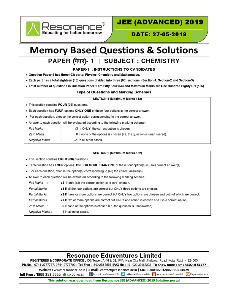 JEE Advanced 2019 Paper-1 Chemistry | PDF | Molar Concentration | Numbers