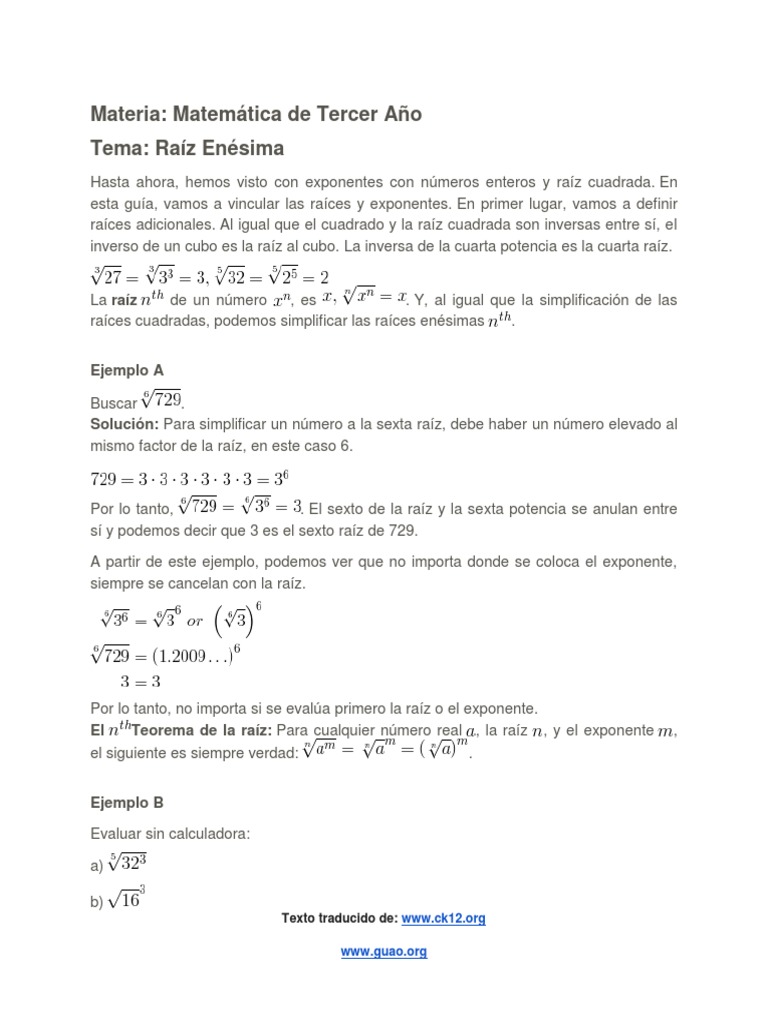 B.1 Raiz Enesima | PDF | Exponenciación | Fracción (Matemáticas)