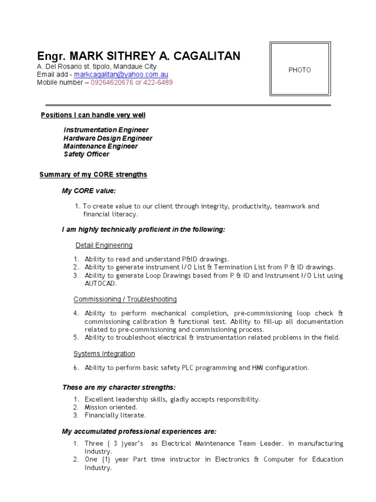Mark CV's | PDF | Instrumentation | Engineer