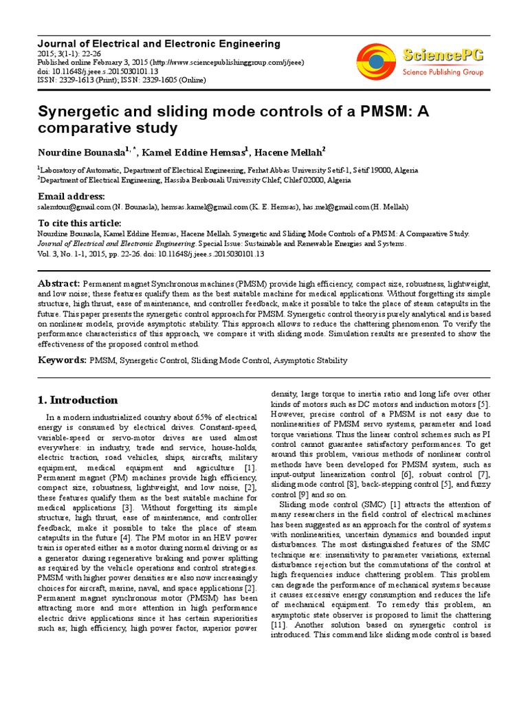 Synergetic and Sliding Mode Controls of A PMSM: A Comparative Study | PDF | Control Theory ...
